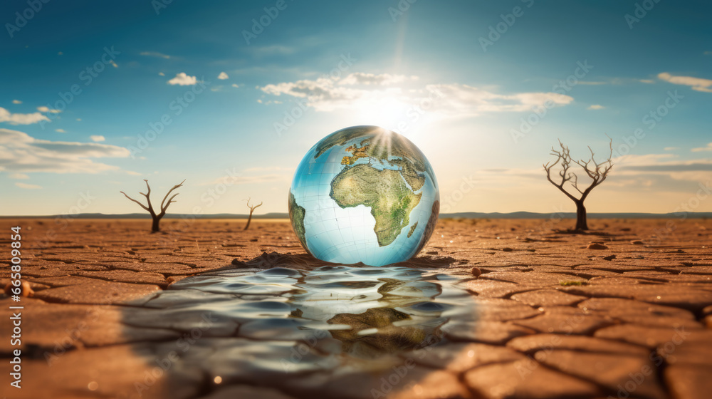 Drought and climate change. Planet earth sphere in the middle of dry ...