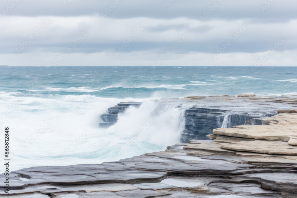 A gracefully curved rock emerges from the foaming waves, its elegant ...