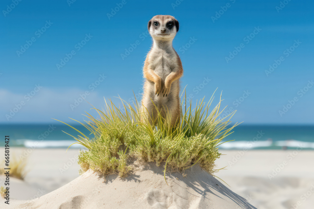 A captivating photograph of a curious meerkat standing on its hind legs ...