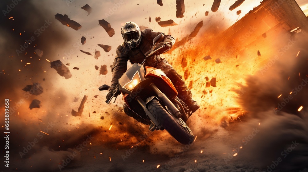 Adrenaline Rush: Motorcycle Escape Amid Explosions. Generative ai Stock ... Adrenaline Rush: Motorcycle Escape Amid Explosions. Generative ai Stock ...