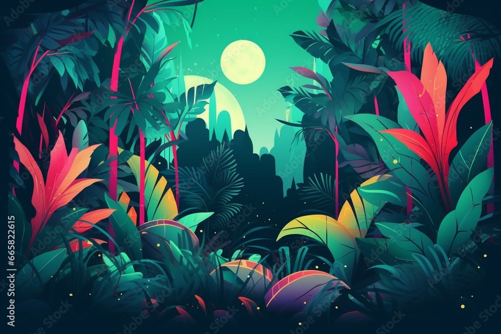Vibrant tropical jungle with bamboo, neon lights, and banana leaves ...