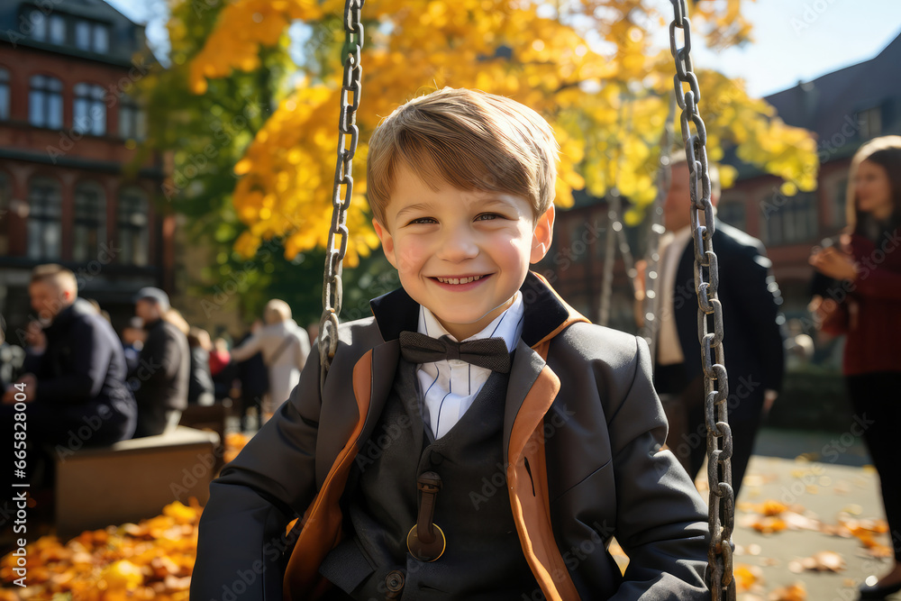 A suburban playground filled with children playing, swinging, and ...