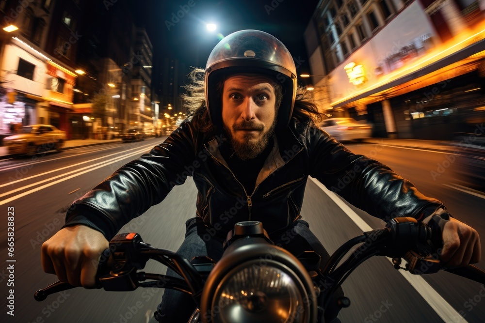 A motorcyclist embarks on a thrilling journey at night, embracing the ...