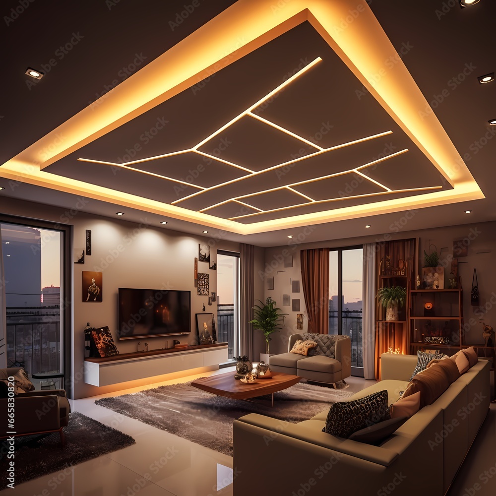 Moody warm white false ceiling lamps. Modern interior design for living ...