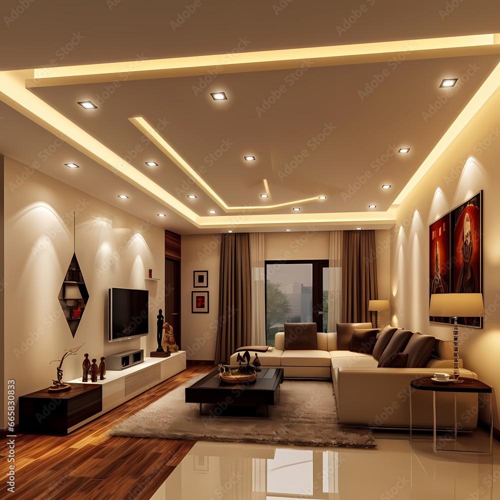 Moody warm white false ceiling lamps. Modern interior design for living ...