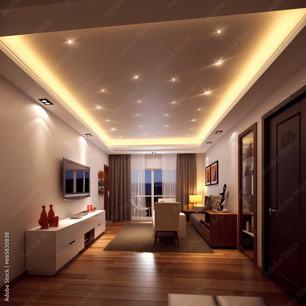 Moody warm white false ceiling lamps. Modern interior design for living ...