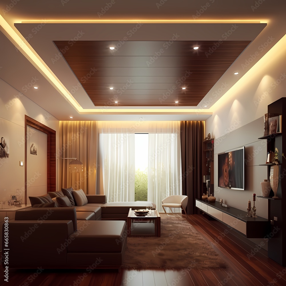 Moody warm white false ceiling lamps. Modern interior design for living ...