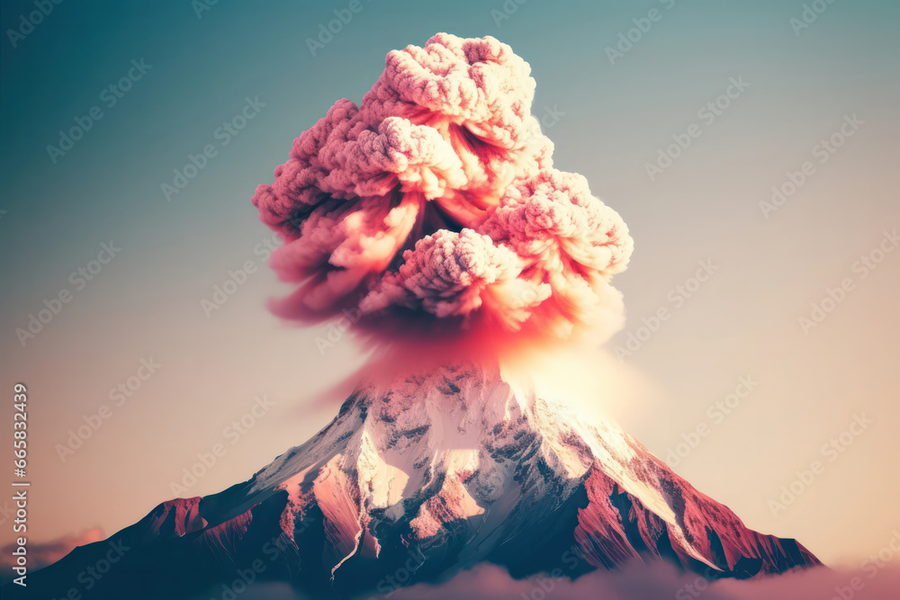 A capture of a fiery sunset behind an active volcano, painting the sky ...