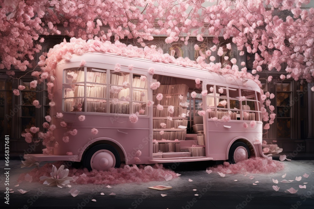 Vintage pink bus with cherry blossoms and petals, bus styled library ...