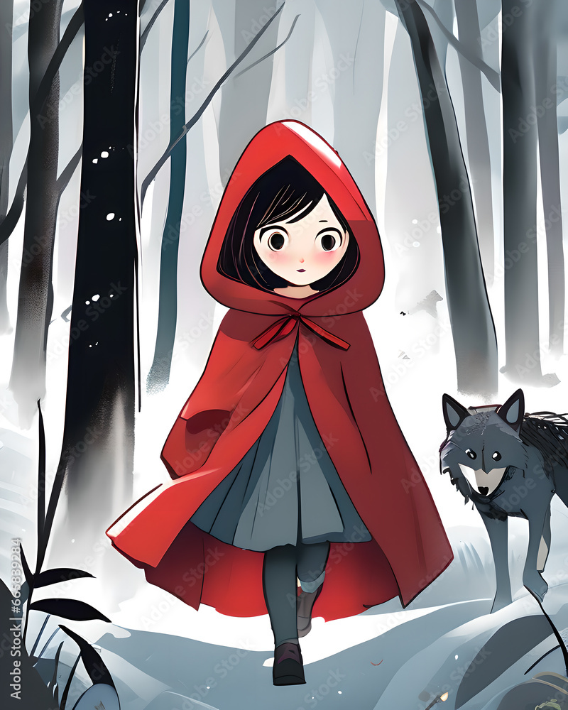 Little Red Riding Hood walking through the forest and a wolf following ...