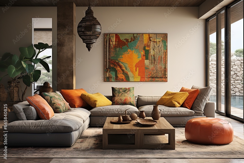 Global Fusion: Craft an image of a modern living room where globally ...