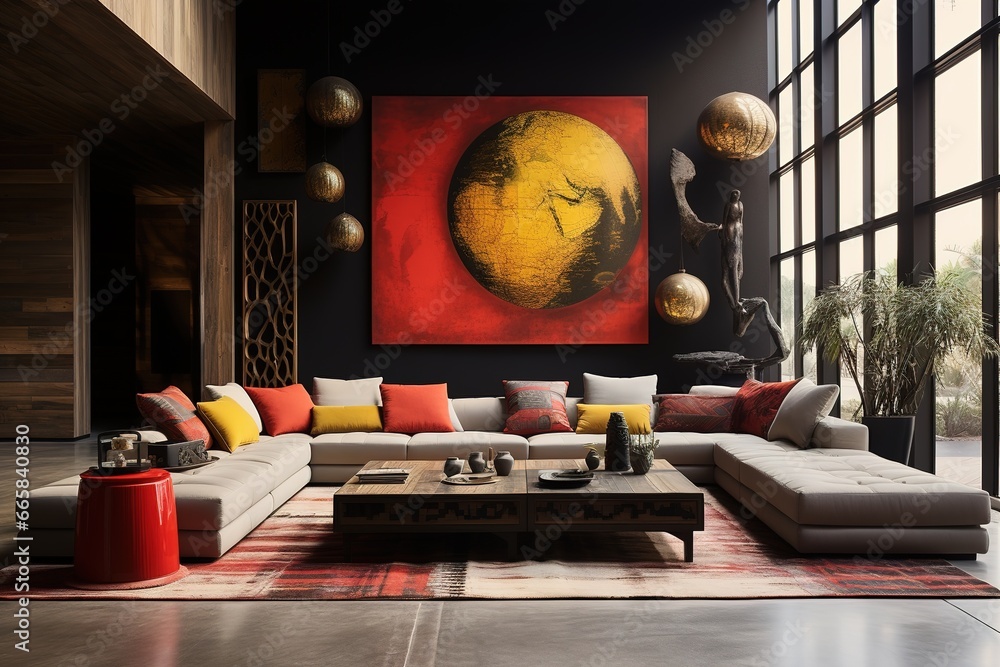 Global Fusion: Craft an image of a modern living room where globally ...