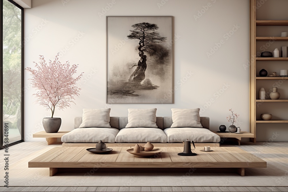 Minimalist Zen: Create an image of a modern living room exuding zen ...