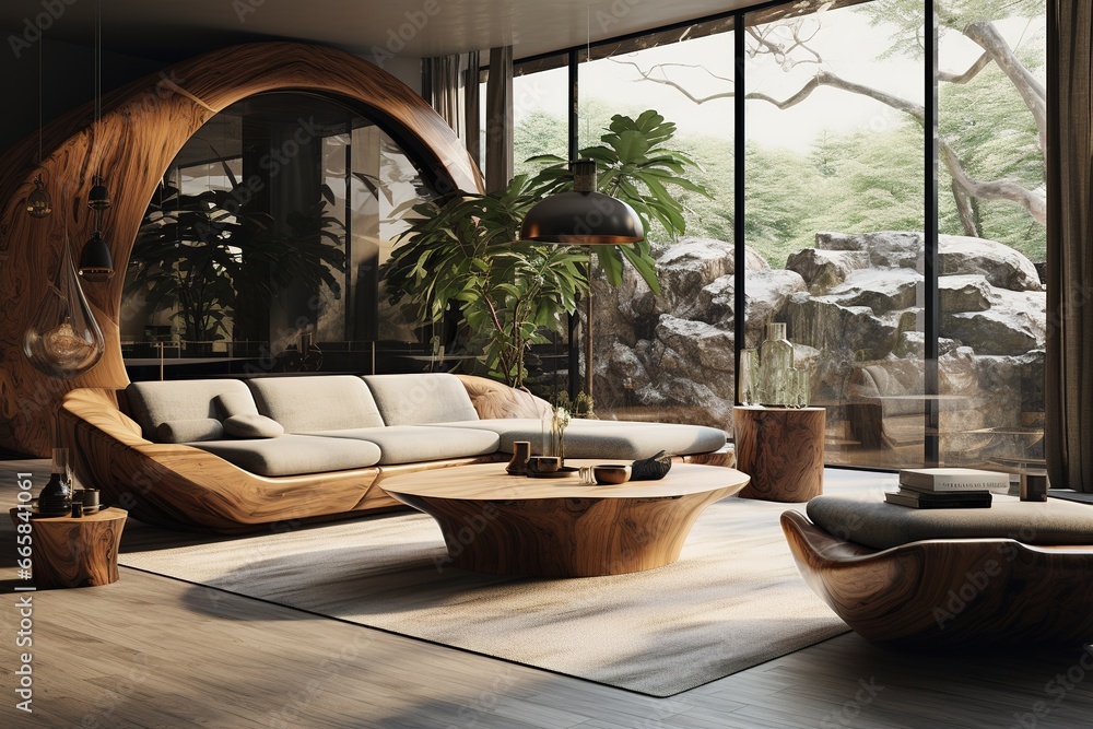 Organic Modernism: Illustrate a modern living room infused with organic ...