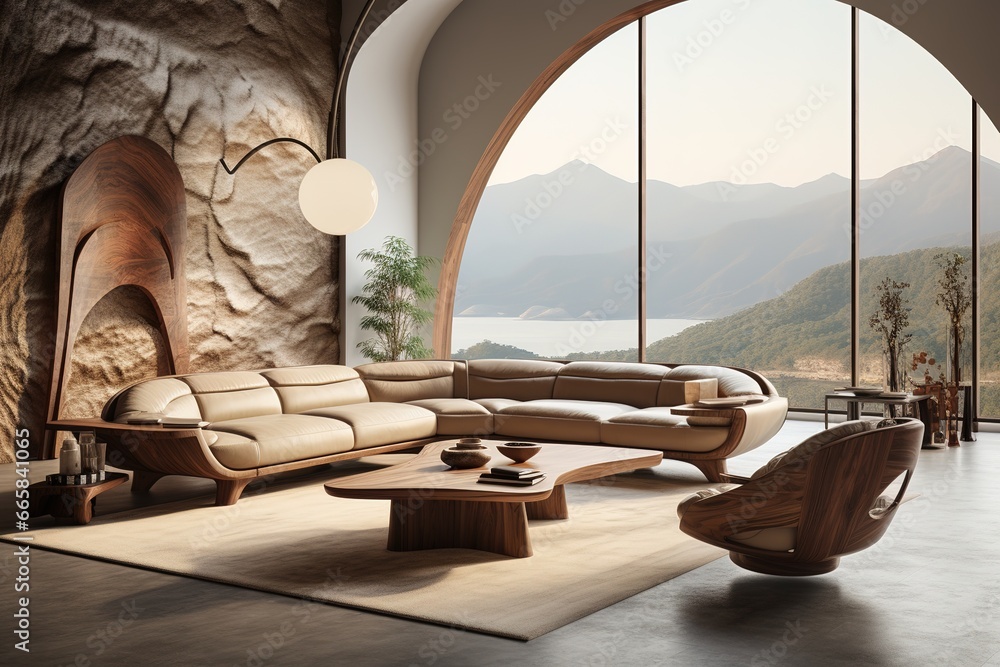 Organic Modernism: Illustrate a modern living room infused with organic ...