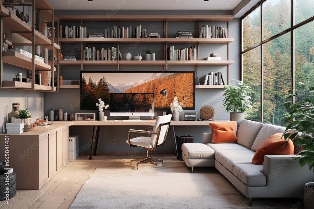 Workspace Integration: Illustrate a modern living room that seamlessly ...