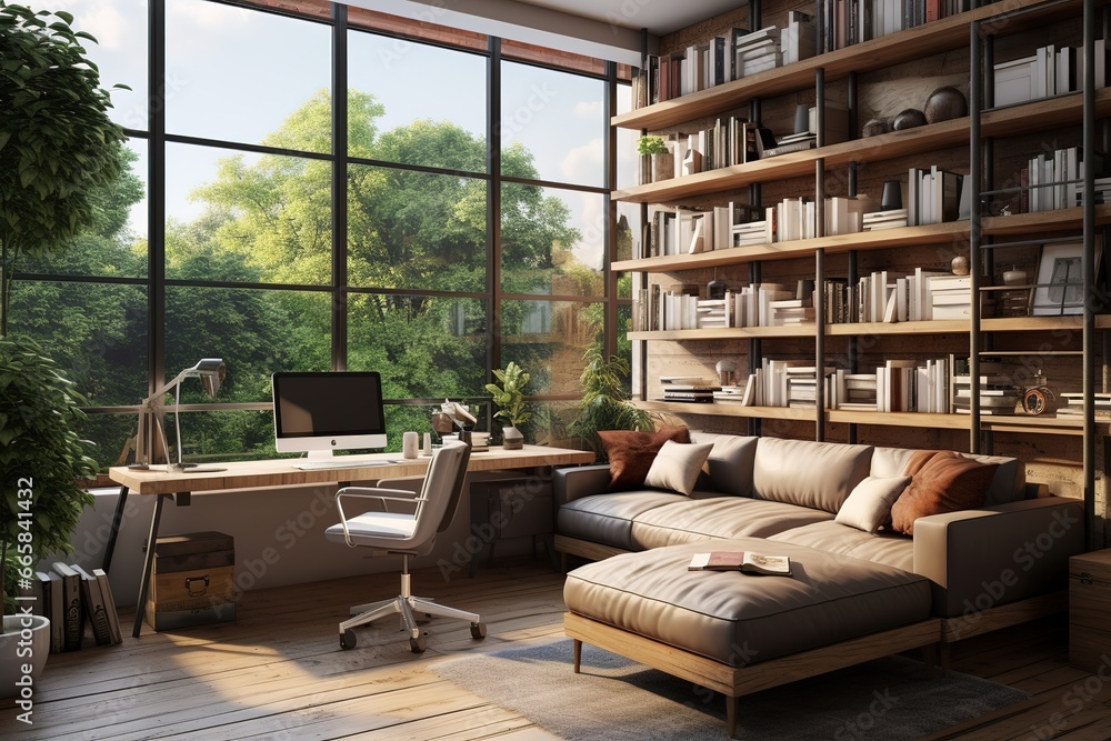 Workspace Integration: Illustrate a modern living room that seamlessly ...