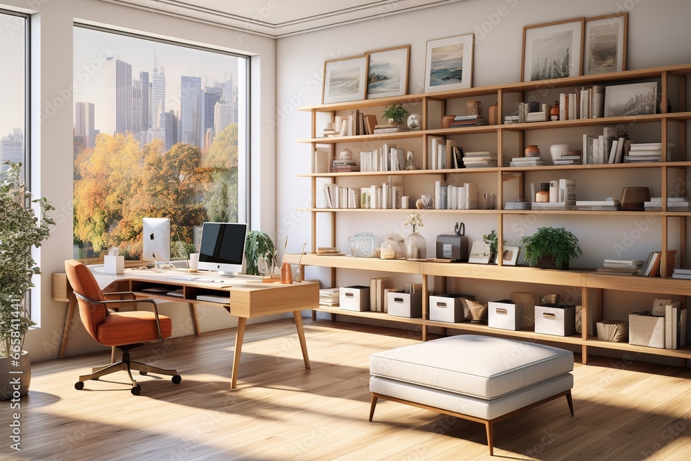 Workspace Integration: Illustrate a modern living room that seamlessly ...