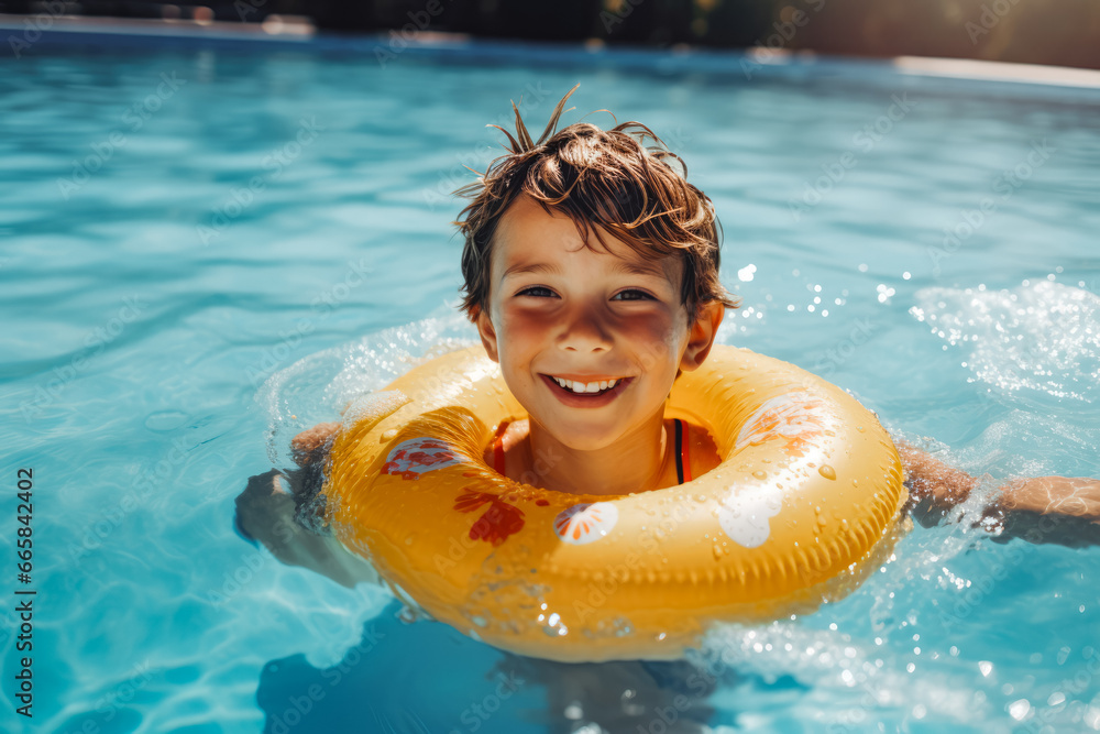 Caucasian boy floating in a inflatable ring in a swimming pool ...