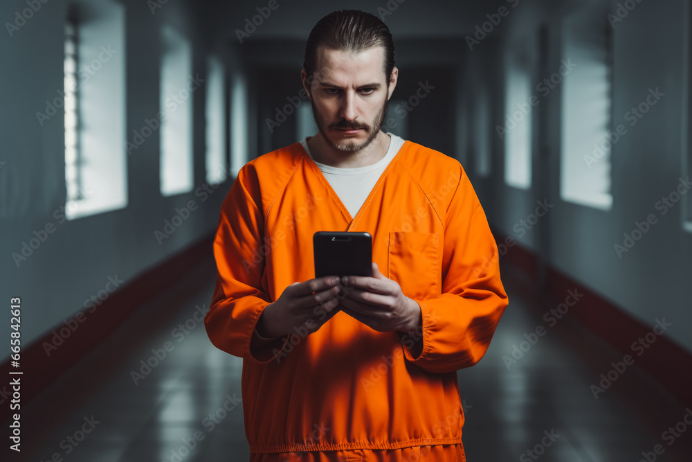 Prisoner holding electronic tablet for photo, criminal man behind bars ...