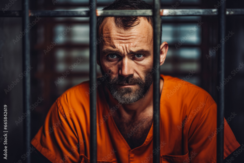 Portrait of prisoner behind bars, criminal serving his death row, man ...
