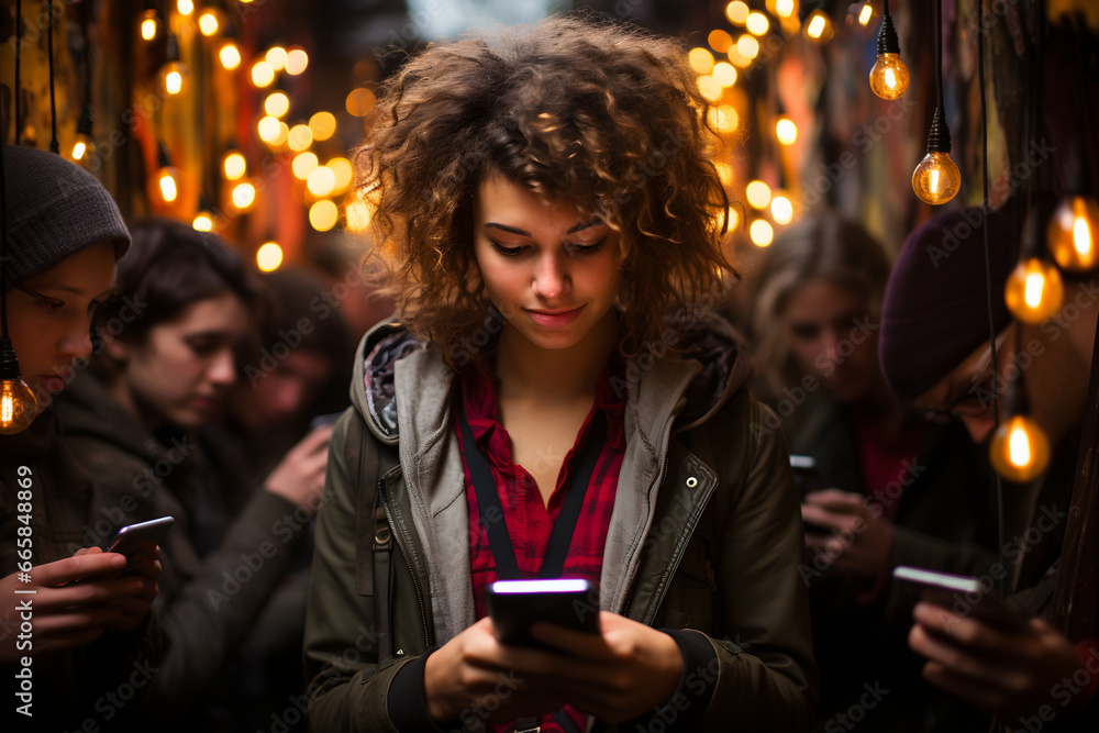 teenage afro hair girl using smartphone and smiling. generation z ...