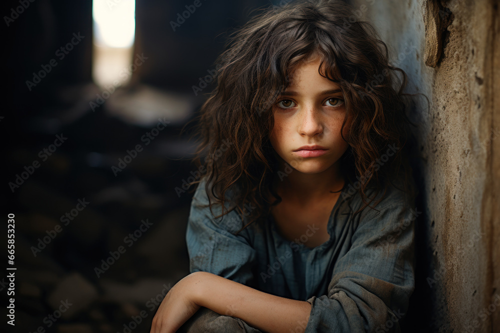 Sad Arab child in poor home, face of serious Palestinian girl. Portrait ...