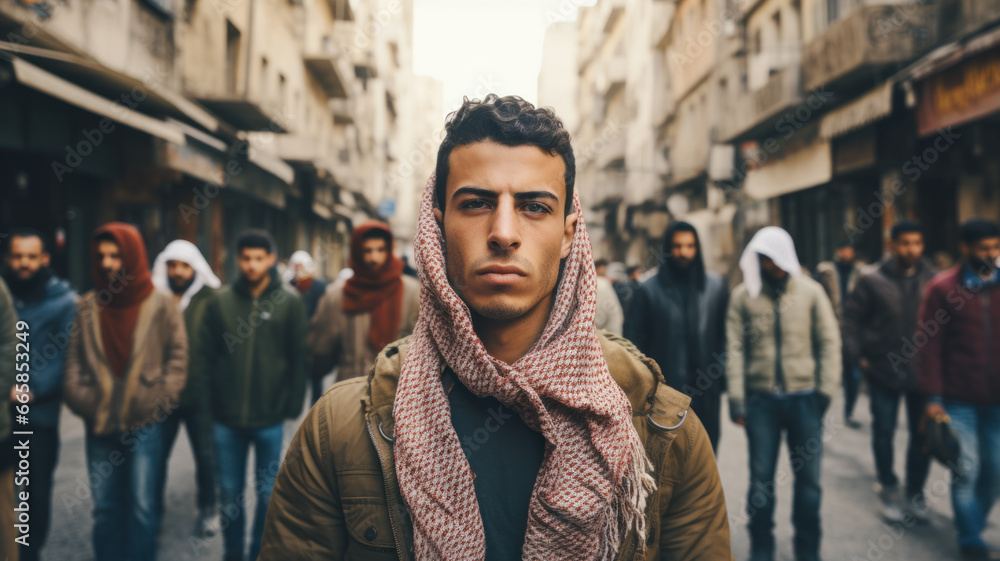 Arab man wearing traditional scarf protesting during Palestinian rally ...