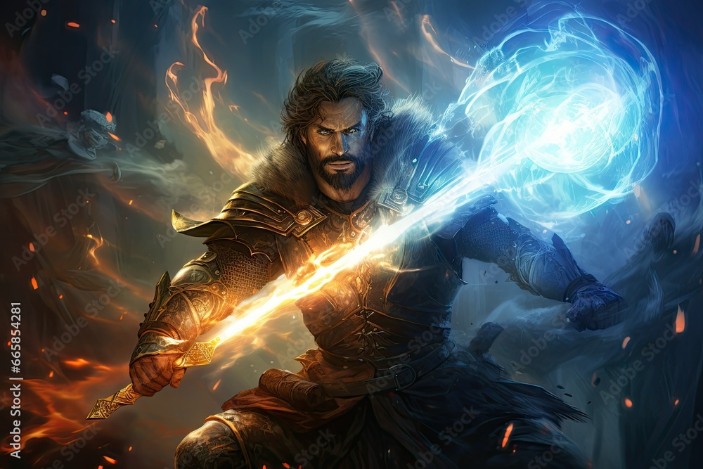 Warrior with sword in fire and smoke, Fantasy illustration, A fearless ...