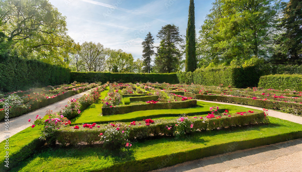 design a high resolution image of a garden labyrinth adorned with ...