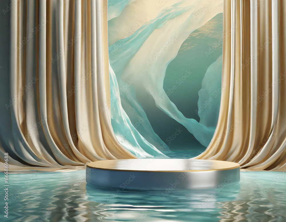 d render abstract platform podium on water and waving curtains ...