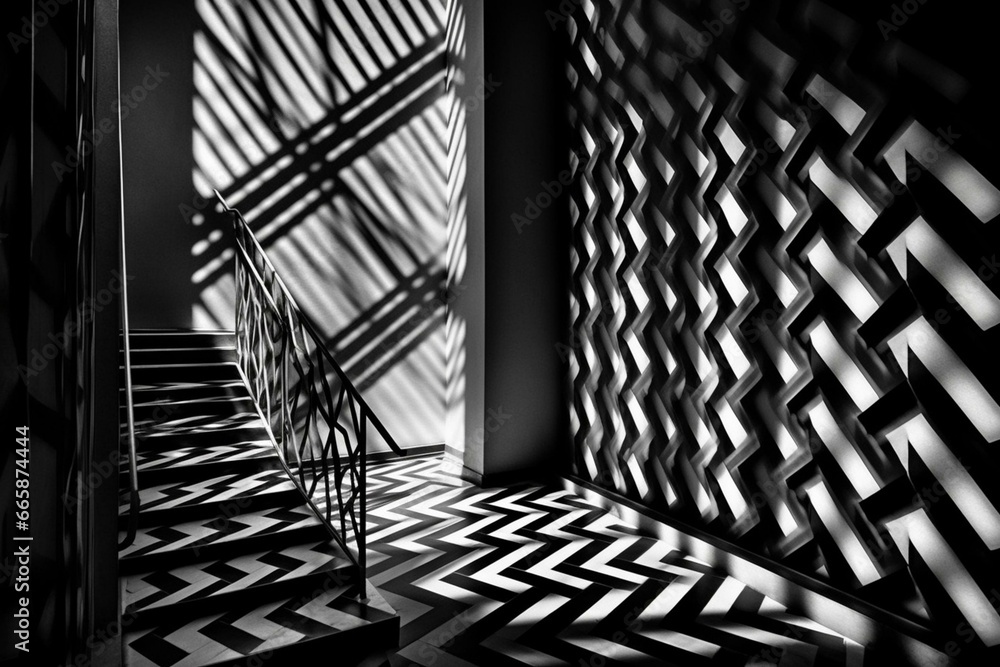 interplay of geometric patterns: exploring the dance of light and shadow in black and white ...