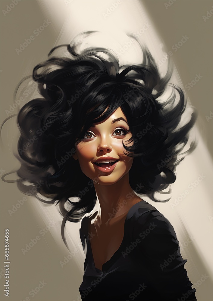 woman black hair top insane crazy laugh big jumping towards viewer ...