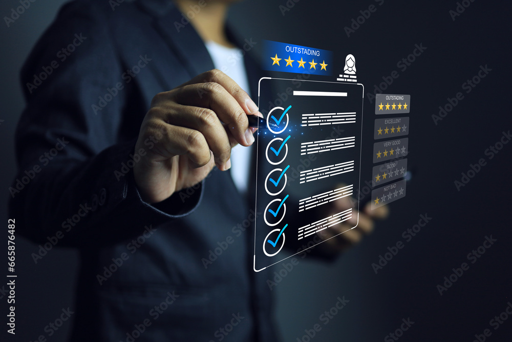 Businessman tick check mark customer survey to evaluating a vendor ...