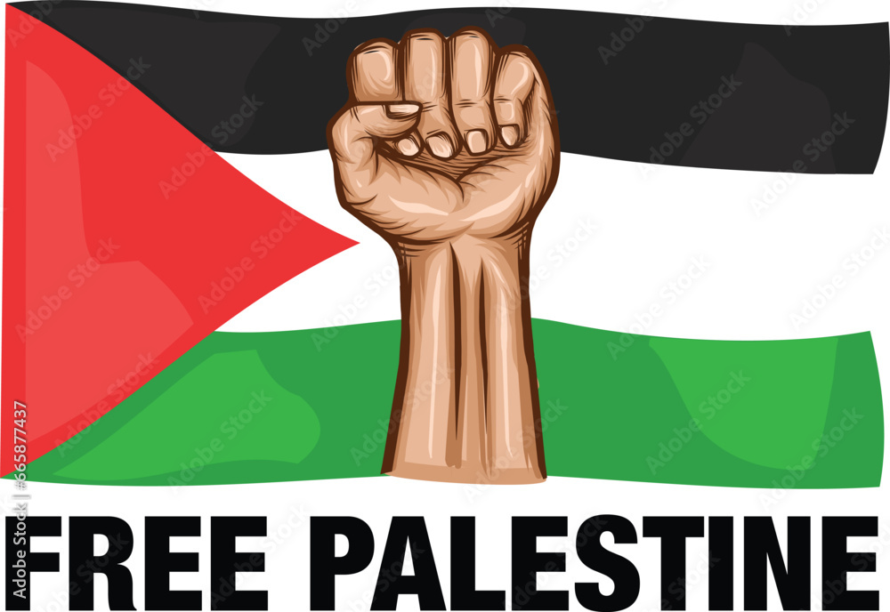 Fist hand with Palestine flag on the background with Free Palestine ...