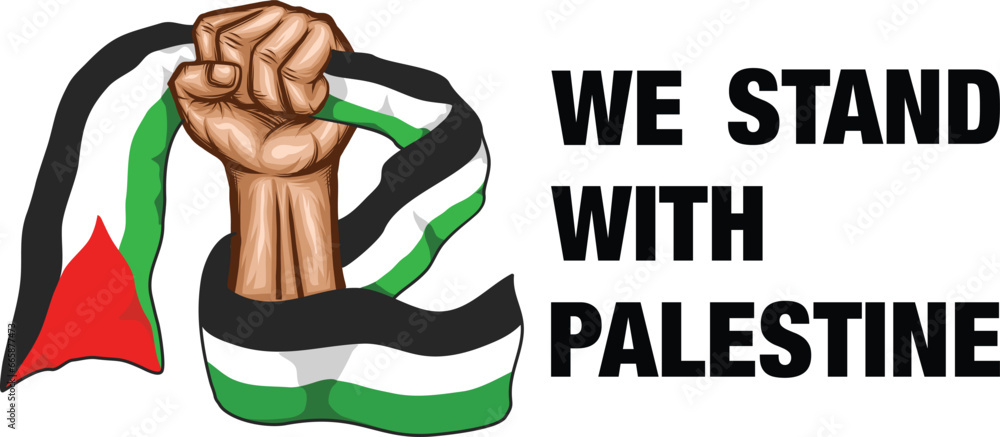 We stand with Palestine vector design. Fist hand holding flag symbol ...