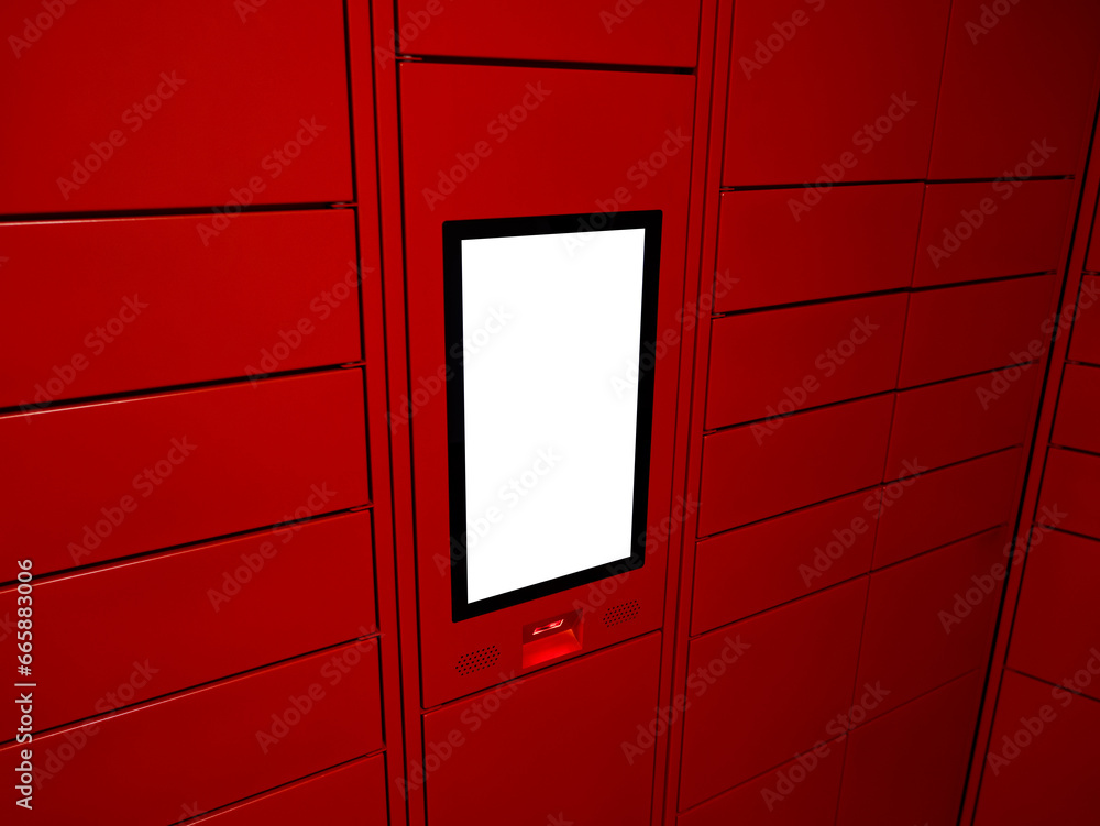 Empty white screen of a red parcel locker box. The display is blank to ...