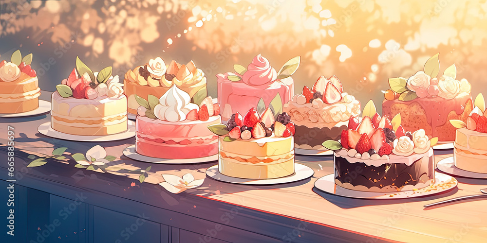 Anime dessert cake sweet background backdrop banner illustration ...