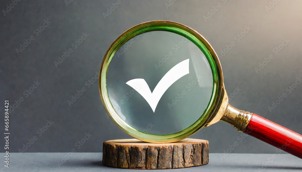 Magnifier enlarging the correct or check mark on gray background ...