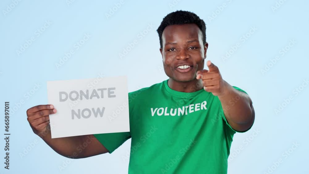 Face, black man and hand pointing to donate poster in studio for ngo ...
