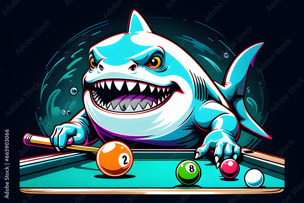 A cartoon illustration of a shark playing pool billiards Stock ...