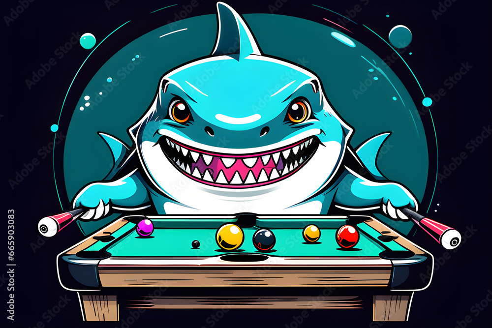 A cartoon illustration of a shark playing pool billiards Stock ...