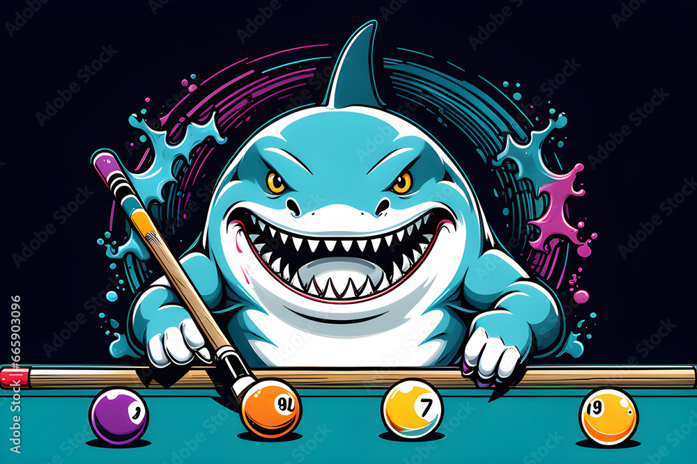 A cartoon illustration of a shark playing pool billiards Stock ...