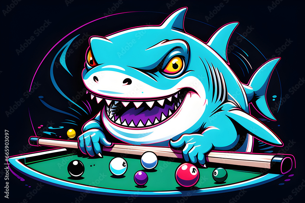 A cartoon illustration of a shark playing pool billiards Stock ...