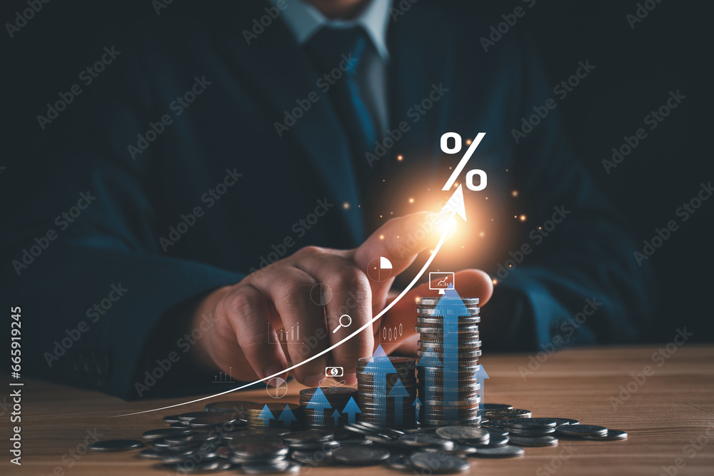Interest rate increase concept. Businessman show percentage and up ...