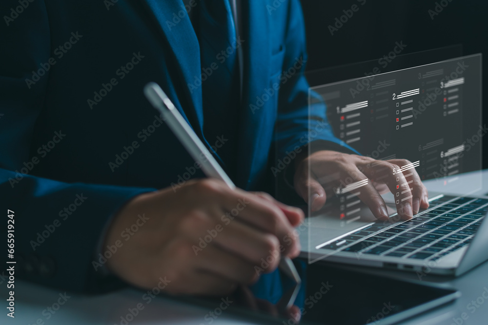 Zdjęcie Stock: Check list concept. Businessman tick off questionnaire ...