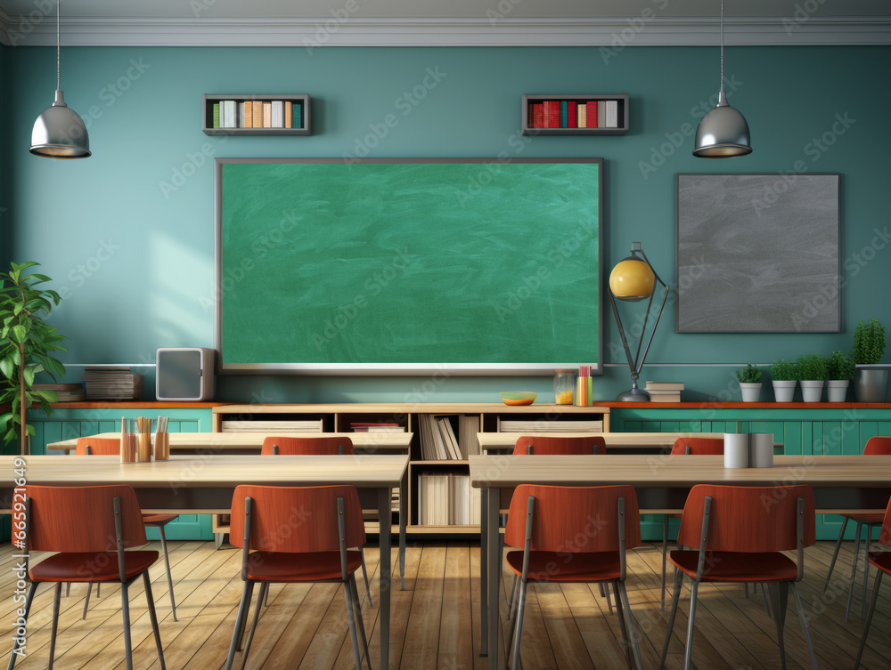Interior of a classroom with a blackboard, chairs and tables ...