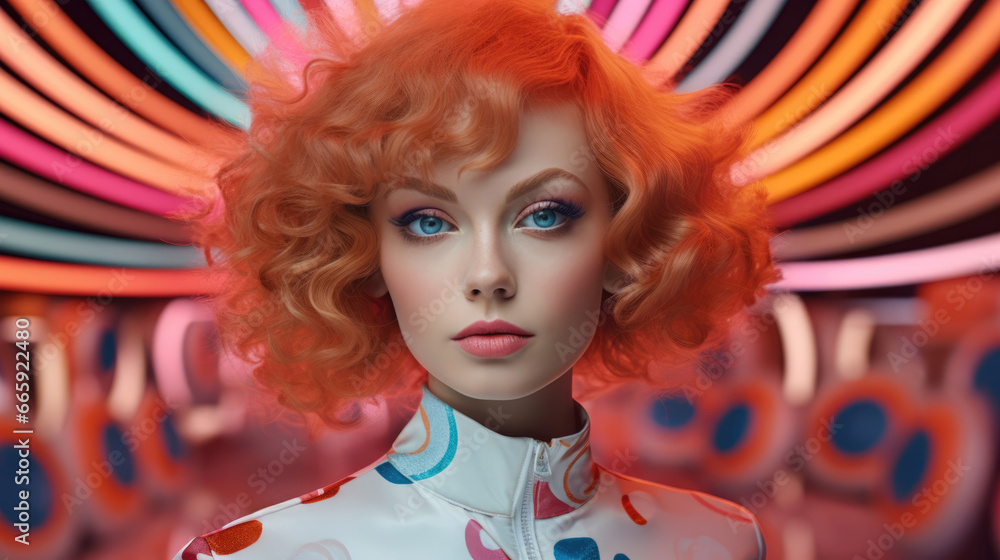 Fashion retro futuristic woman in surrealistic 60s-70s disco club ...