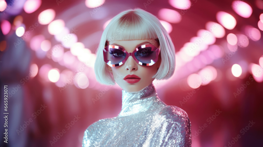 Fashion retro futuristic woman in surrealistic 60s-70s disco club ...