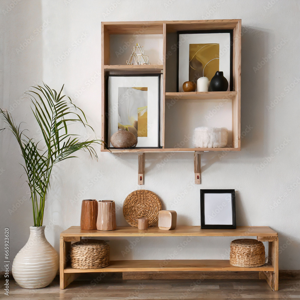 Wood floating shelf with frames and vases on white wall. Storage ...
